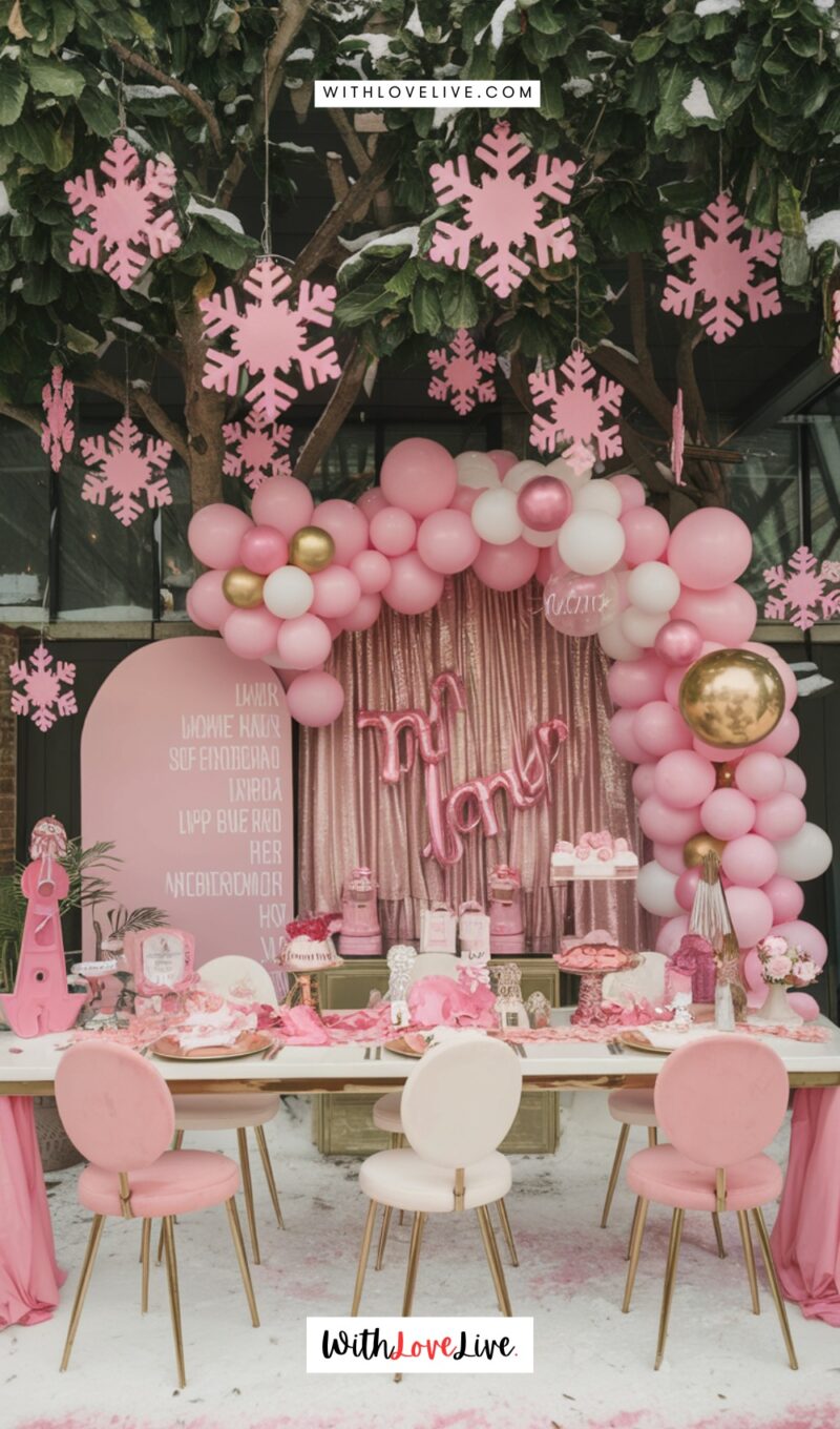 19 Outdoor Pink Winter Wonderland Baby Shower Ideas - WithLoveLive